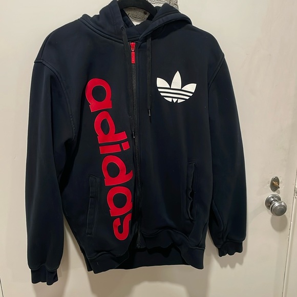 adidas | Jackets & Coats | Adidas Medium Mens Zip Up Hoodie With Red ...